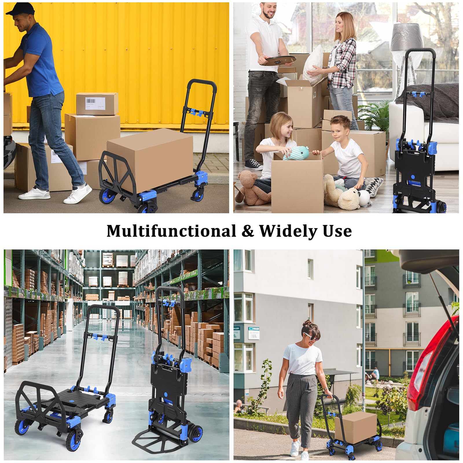 Winado 2-in-1 Folding Hand Truck, 330lbs Foldable Hand Truck Dolly, Height Adjustable Portable Dolly Cart with Wheels & Retractable Handle for Transportation, Shopping, Office, Home use - Blue