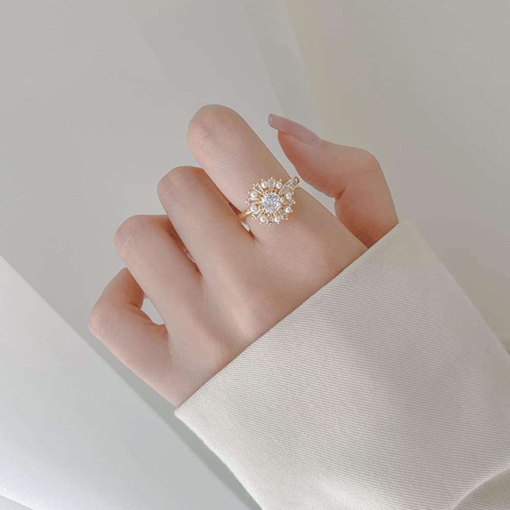 Rotatable Pearl Flower Round CZ Anti Anxiety Statement Adjustable Wrap Open Rings for Women 14K Gold Plated Cubic Zirconia Crystal Stress Relief Fidget Spinner Ring Dainty Expandable Stacking Worry Knuckle Snowflake Rings Fashion Jewelry Gifts Bff Xmas