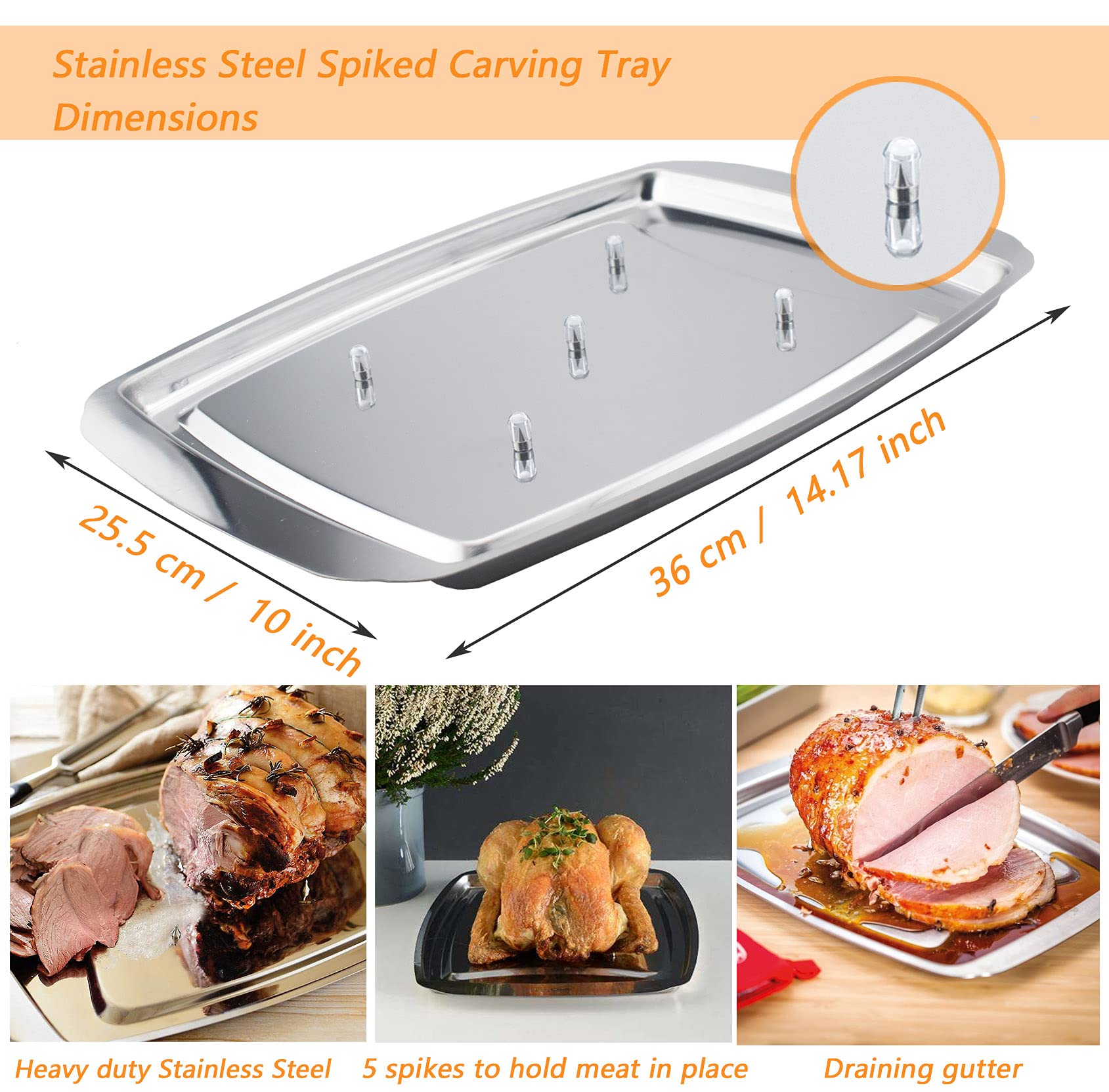 Stainless Steel Spiked Roast Chicken Carving Dish Tray, Turkey Meat Serving, Stainless Steel Carving Knife Fork Set for Meat Turkey(Carving Tray Knife Fork)