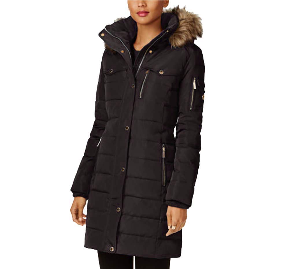 MICHAEL KORS Faux Fur Trim Down Puffer Coat-Black-L