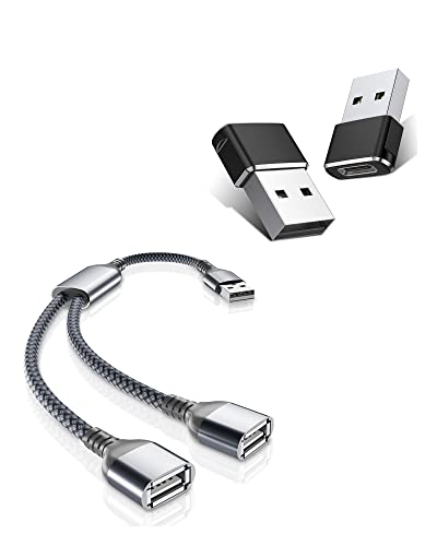 USB Splitter Y Cable 0.3M,USB A 1 Male to 2 Female Extension Cord Converter,Dual Double USB Port Extender Hub Power Split Adapter,USB to USB C Adapter 2 Pack,Type C Female to A Male Power Adapter