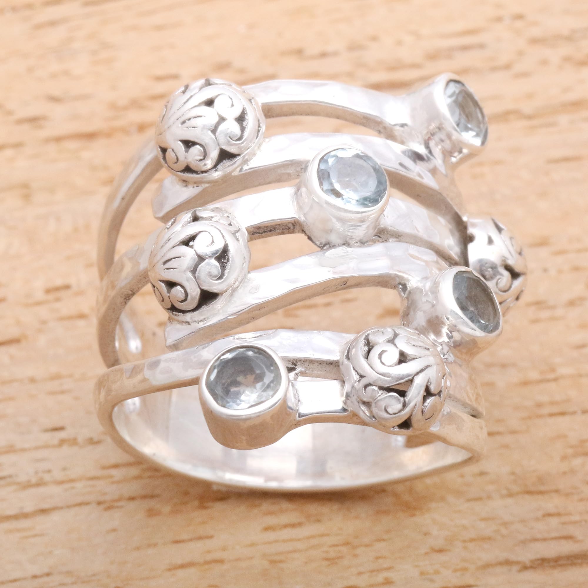 NOVICA Artisan Handmade Blue Topaz Cocktail Ring .925 Sterling Silver from Bali Indonesia Birthstone Gemstone 'Exuberant Beauty'