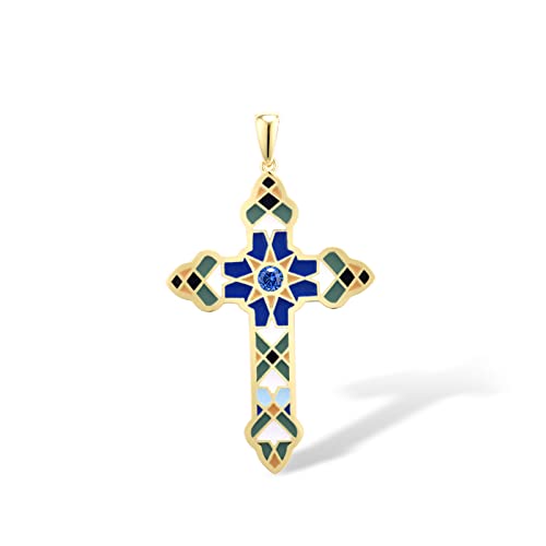 Santuzza 925 Sterling Silver Multi Color Cross Enamel Pattern Pendant Blue Spinel Pendant for Women