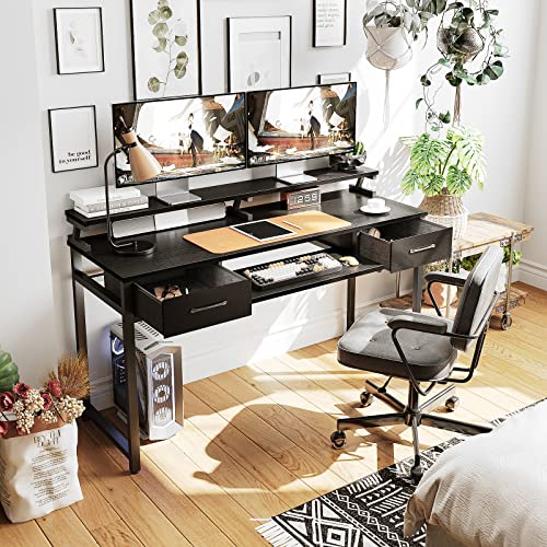 ODK Computer Desk Study Table, 55 Inch Office Desk with Drawers and Keyboard Tray, Study Desk Work Desk with Monitor Shelf, Writing Desk with Storage for Home Office, Black