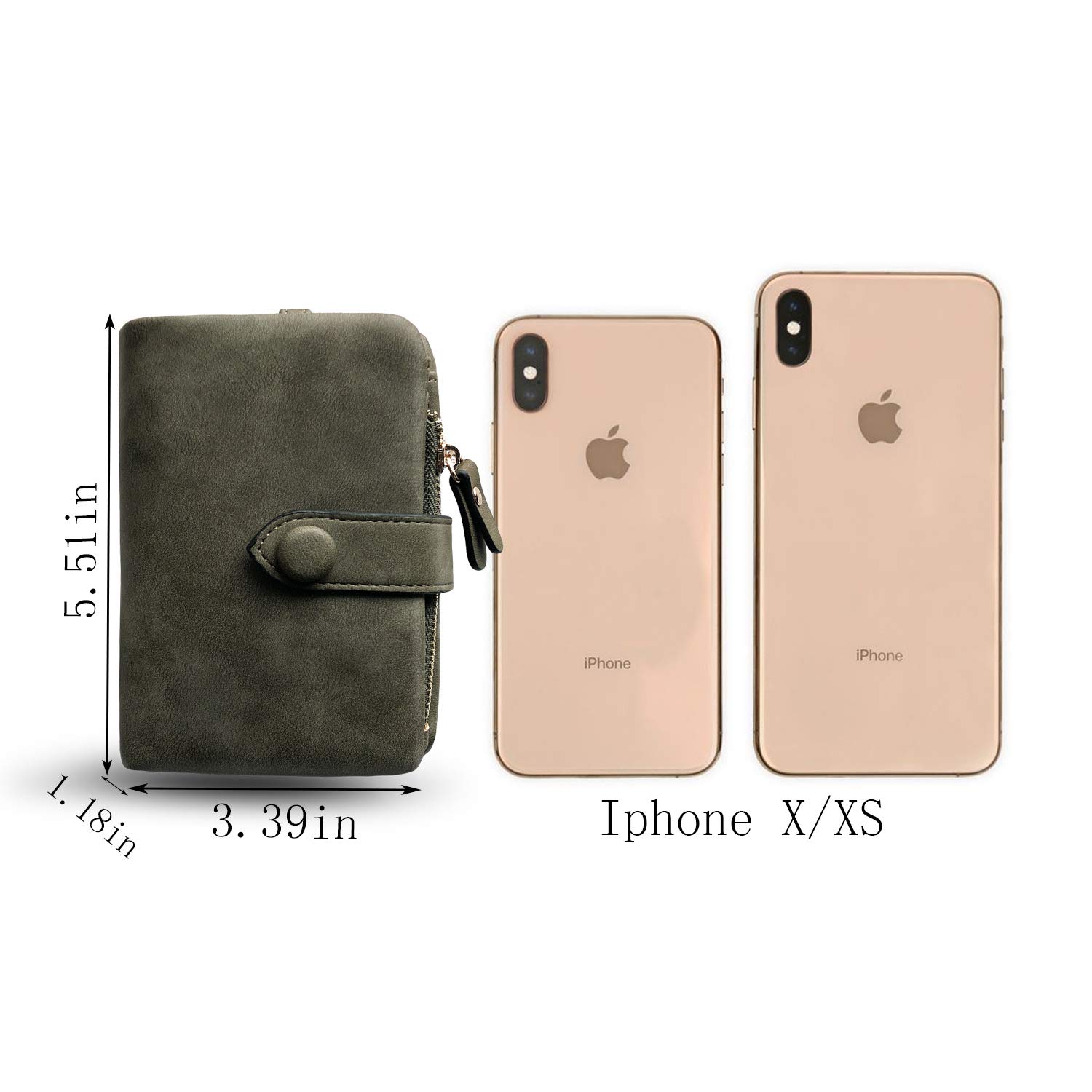PofeeXIO Womens Small Bifold Leather Wallets Rfid Ladies Wristlet with Card slots id window Zipper Coin Purse (Army Green)