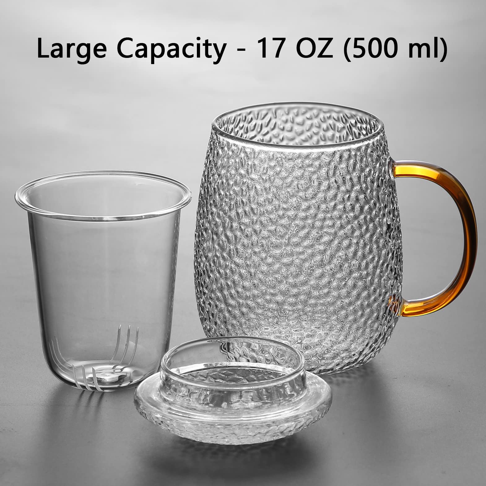 Tea Cup With Infuser and Lid, 19 OZ (560 ml), Amber Color Handle, Food Grade Borosilicate Glass Material, Resistant to Cold and Hot Shock, Hammered Texture Design, Loose Leaf Tea Cup