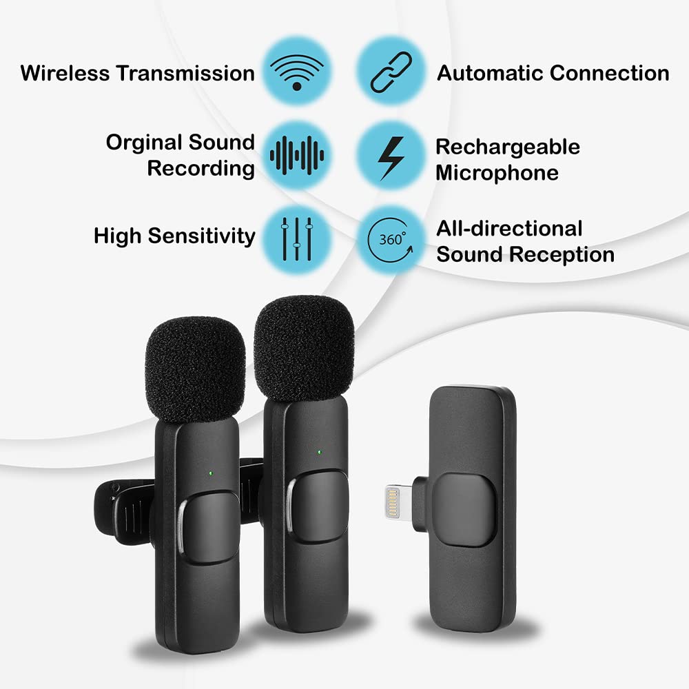 Microphone for iPhone - Wireless Microphones - Wireless Lavalier Microphone for iPhone - Plug-Play Wireless Mic for Recording - Stream Video Recording - Tiktok - Live Stream - Vlog - Podcast (2 Pack)