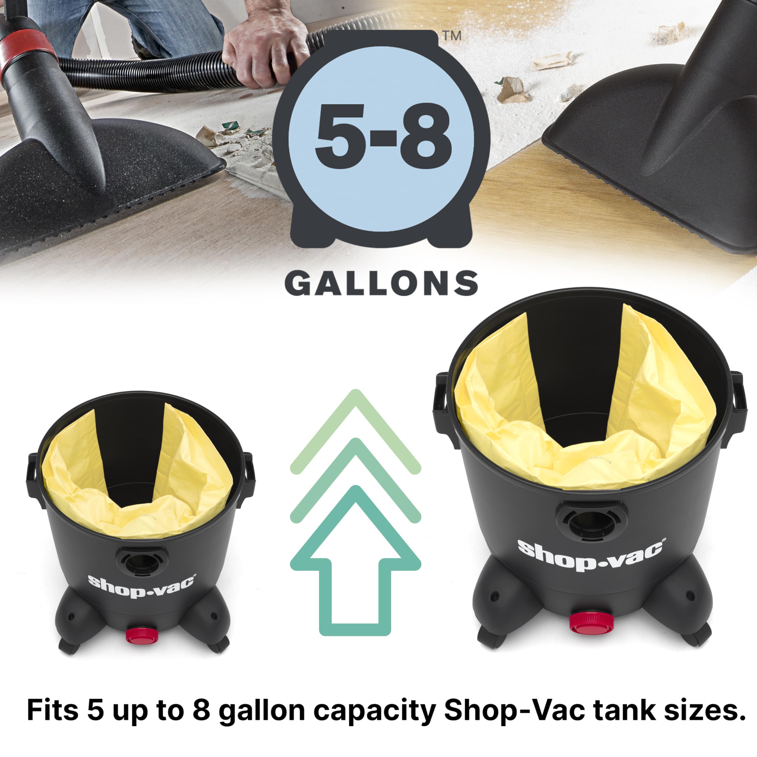Shop-Vac 9067133, High-Efficiency Disposable Collection Filter Bags, Fits 5-8 Gallon Tanks, Yellow, Vacuum Filter Bags, Dry Pick Up Only, (2 Pack)