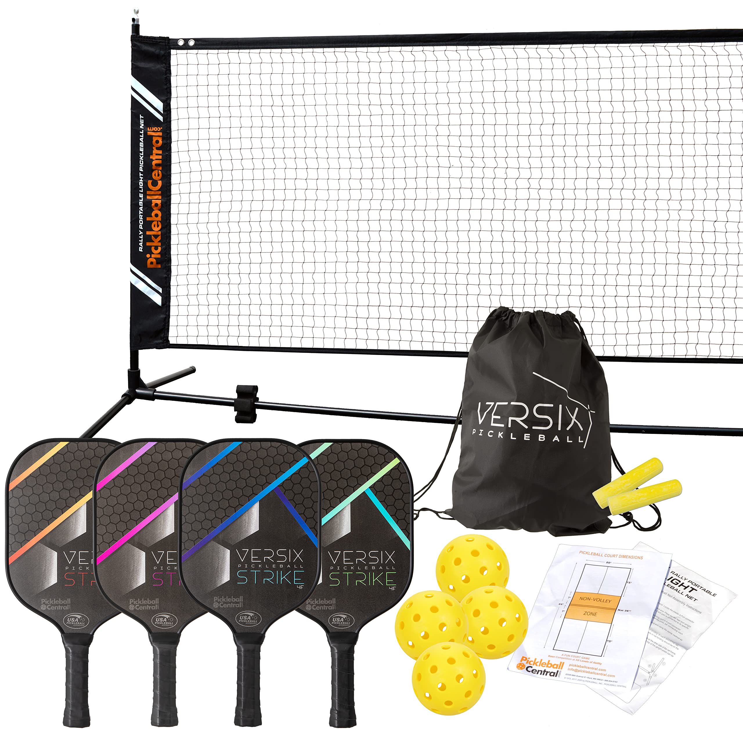 Versix Strike 4F Complete Pickleball Set, 4 Powerful Fiberglass Paddles, 4 USAP Approved Balls, 1 Regulation Height Portable Net System