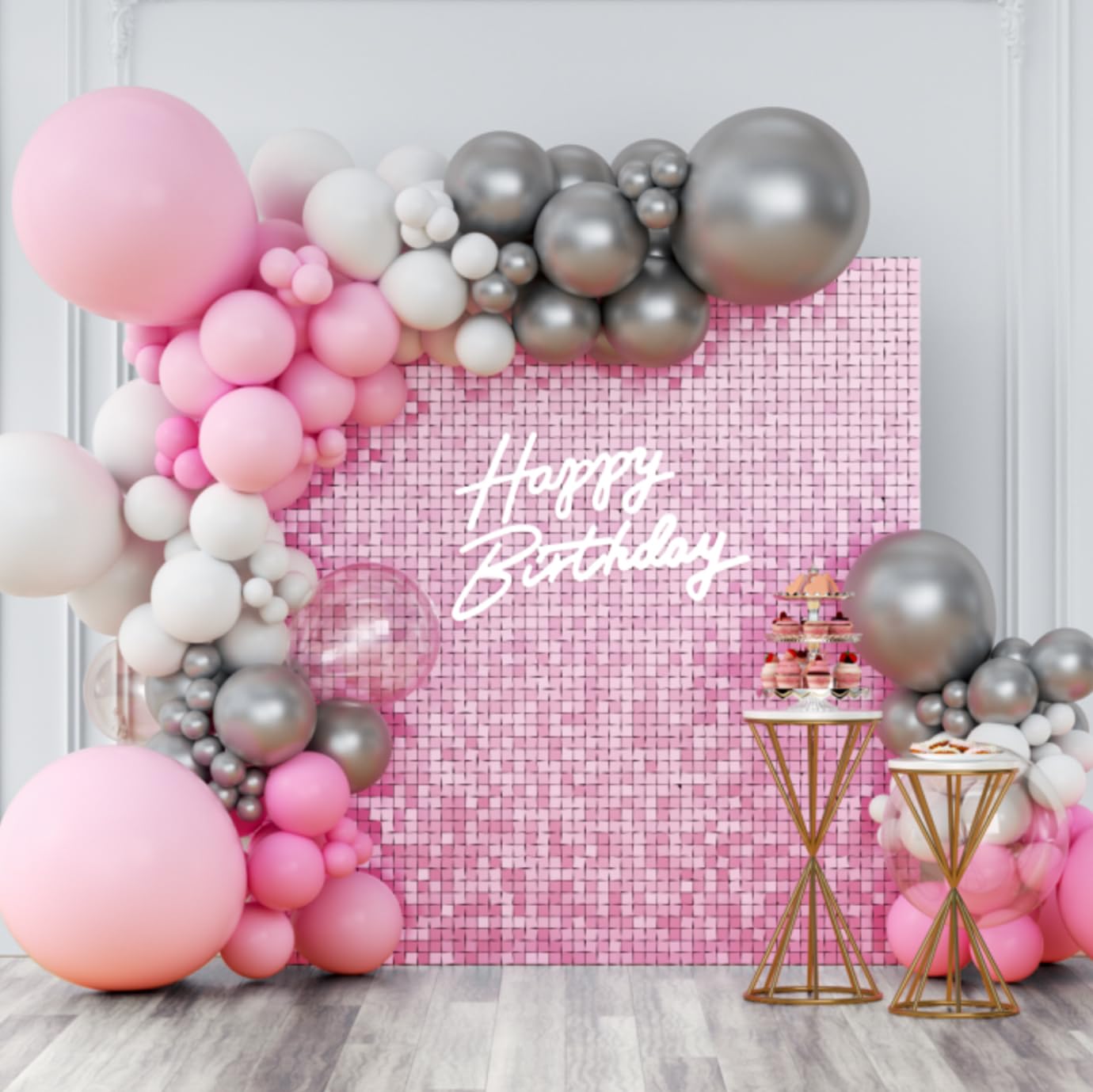 Shimmer Wall Backdrop Panels 24PCS Square Pink Sequin Shimmer Backdrop Decor for Wedding, Anniversary, Birthday Party Decoration.