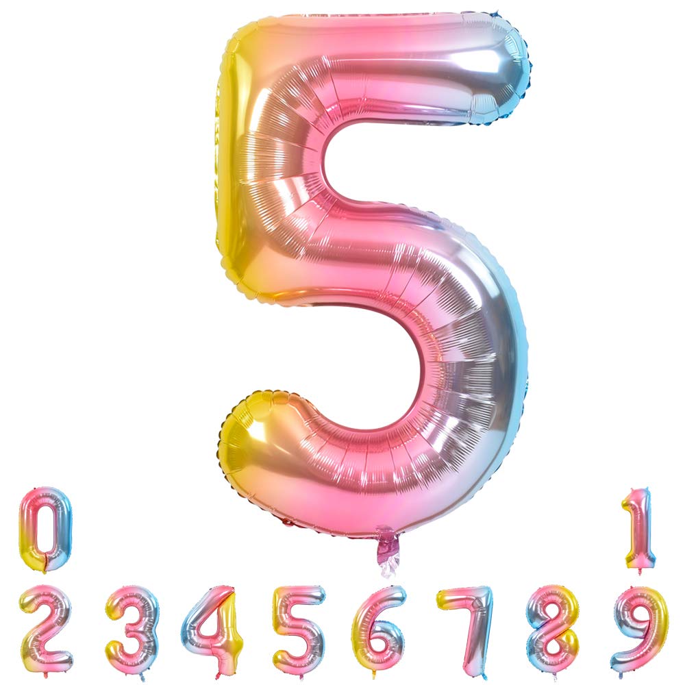 TONIFUL 40 Inch Rainbow Large Numbers Balloons 0-9, Number 5 Digit 5 Helium Balloons, Foil Mylar Big Number Balloons for Birthday Unicorn Party Anniversary Supplies Decorations