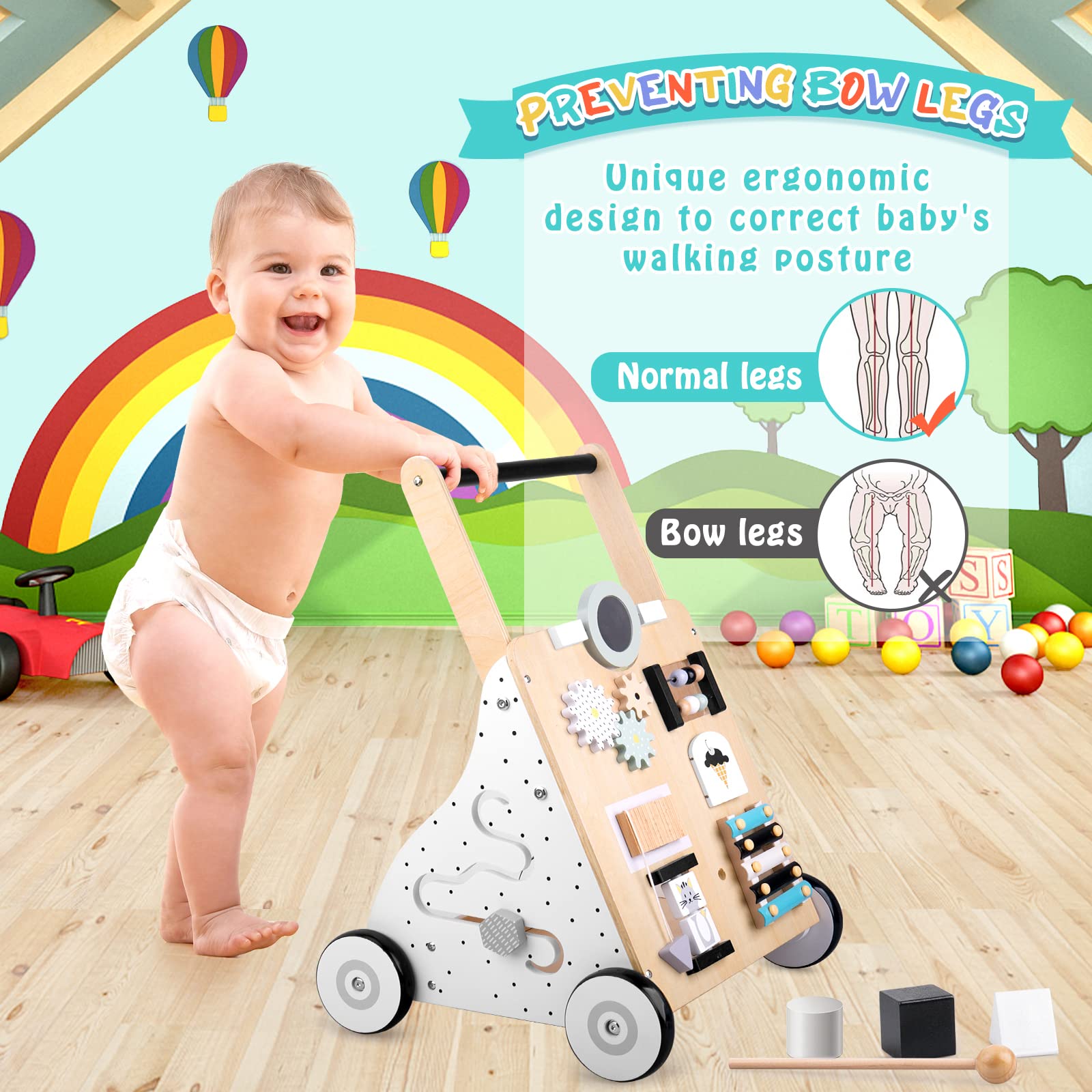 Wooden Baby Push Walker, Pull Learning Activity Walker Baby Walking Toy with Wheels Infant Walker Multiple Activities Center Toddler Walker for Boys and Girls