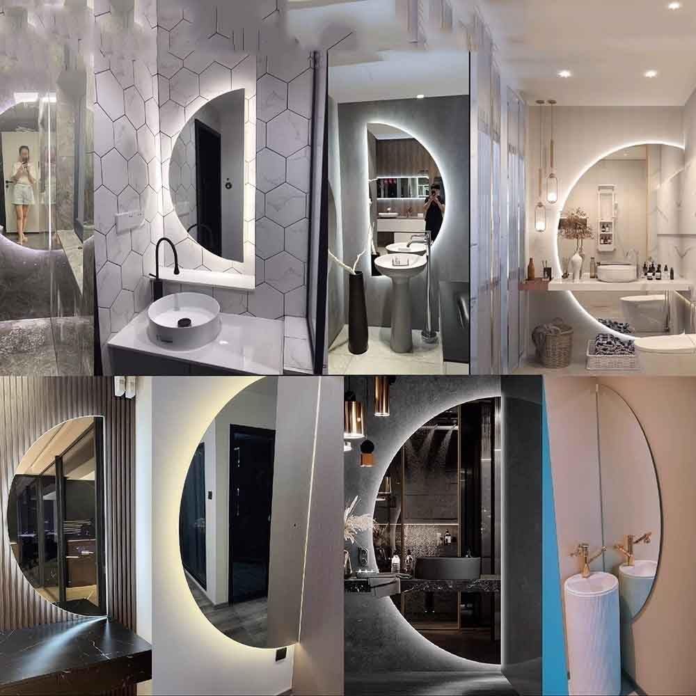 NURCIX Half Moon LED Mirror with 3 Colors Dimming Light Anti-Fog Bathroom Mirror for Wall Tempered Glass Decorative Mirror for Bedroom Vanity (Color : Left Cut, Size : 80 * 40CM/32 * 16IN)