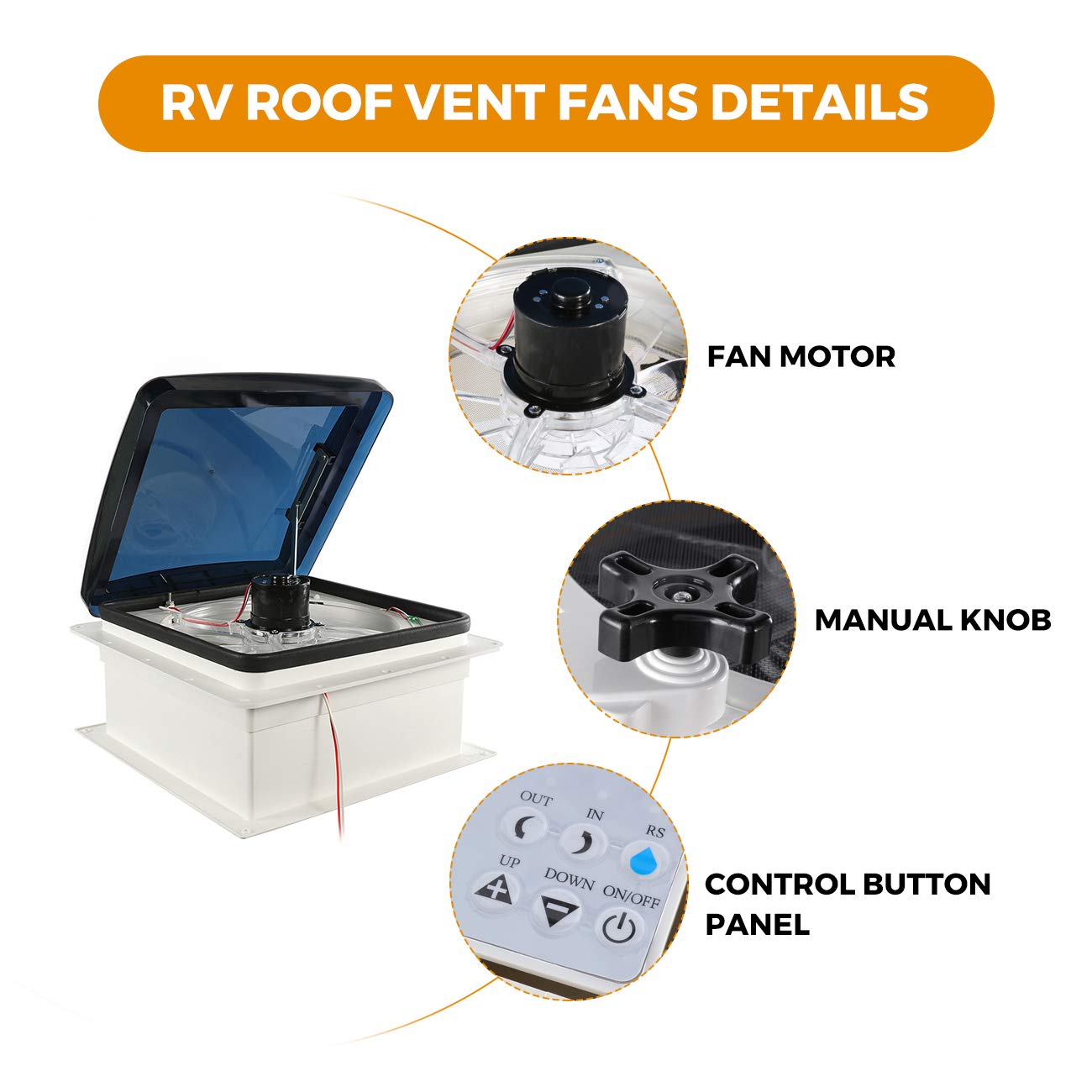 PARTOL Roof Vent for RV Fan 14β12V Automatic RV Roof Vent Fan Camper Motorhome Fan with Rain Sensor and Remote Controller, Two-Way Ventilation 3 Speed Reversible Airflow, Smoke Dome RV Vent Cover