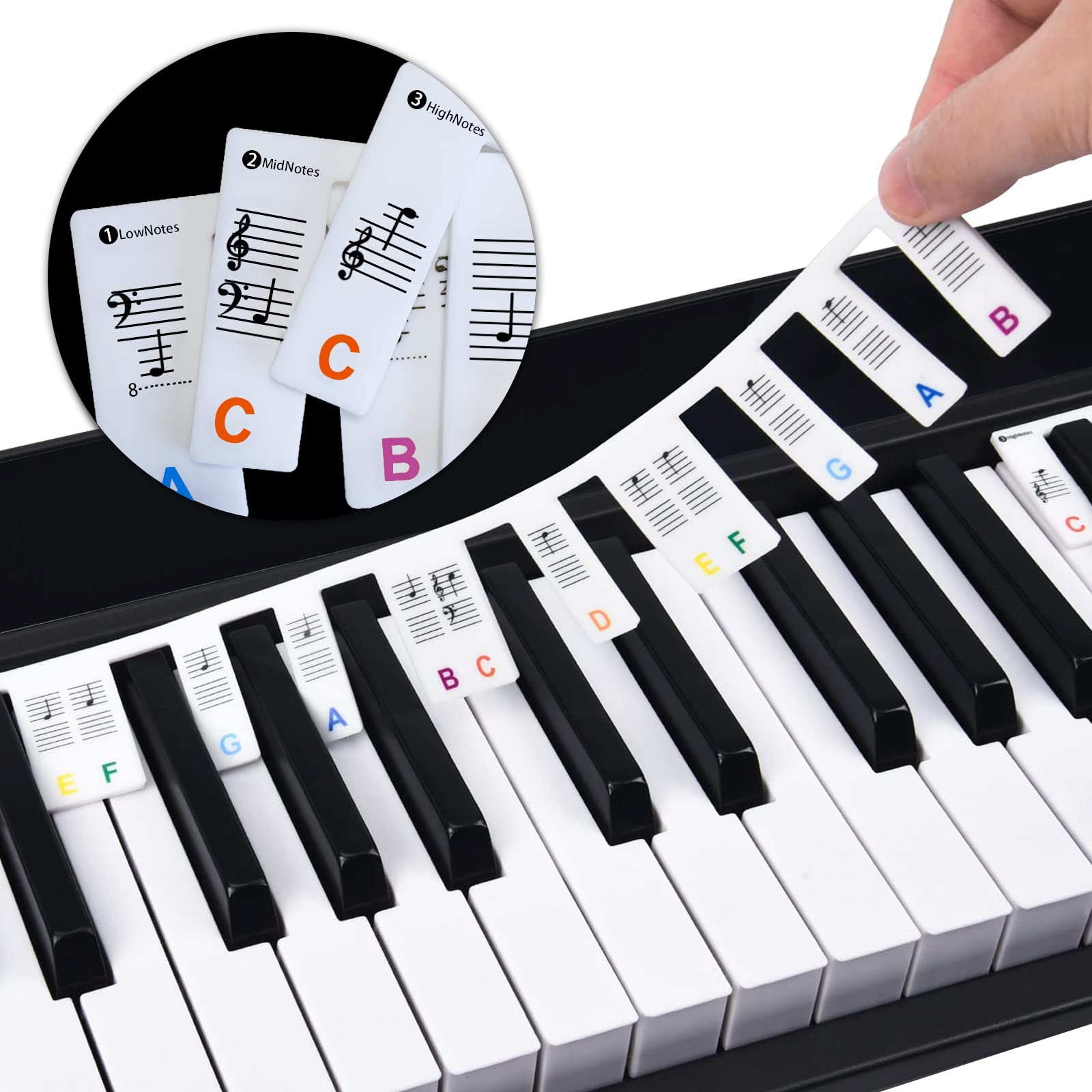 VELKPRO Piano Notes Guide for Beginners, Piano Keyboard Note Labels, Removable Piano Stickers without Glue (Rainbow Colors)