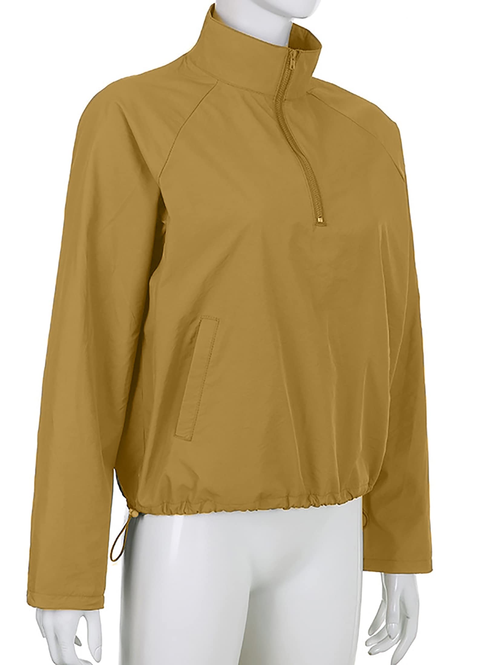 Women Quarter Zip Workout Jacket Long Sleeve Cropped Athletic Running Pullover Sweatshirt Casual Windbreaker KahkiL