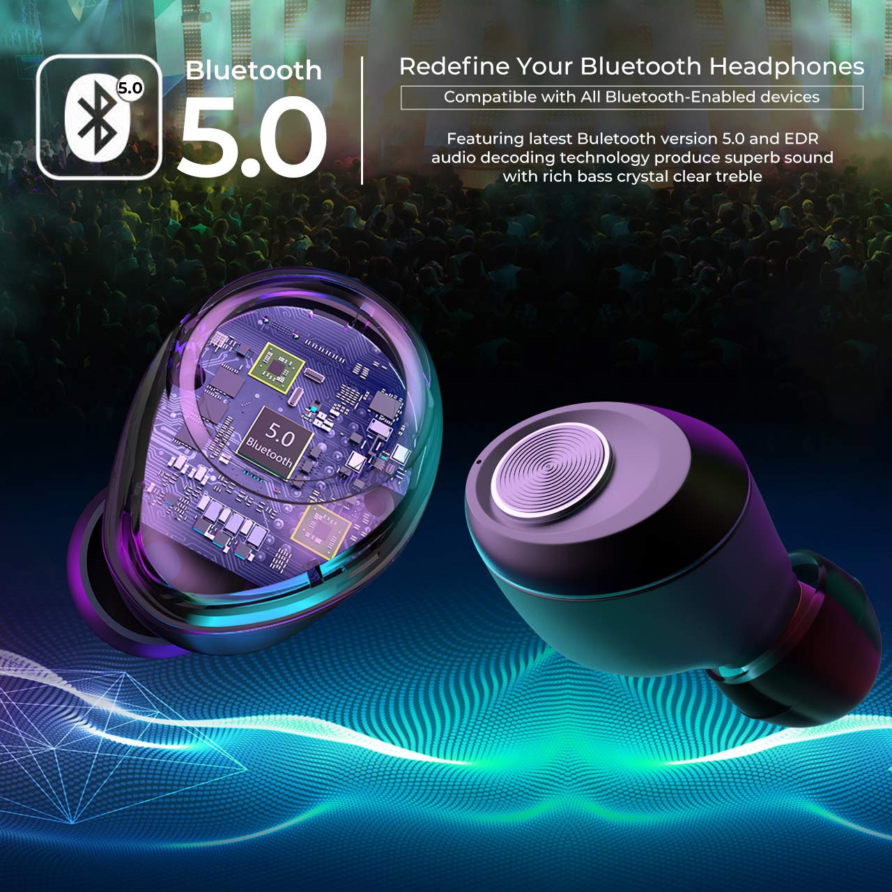 Wireless Earbuds Bluetooth Headphones, Touch Wireless Headsets with Noise Cancelling Microphone for Binaural Calls, Stereo in-Ear Sports Headsets (Including Charging Box)