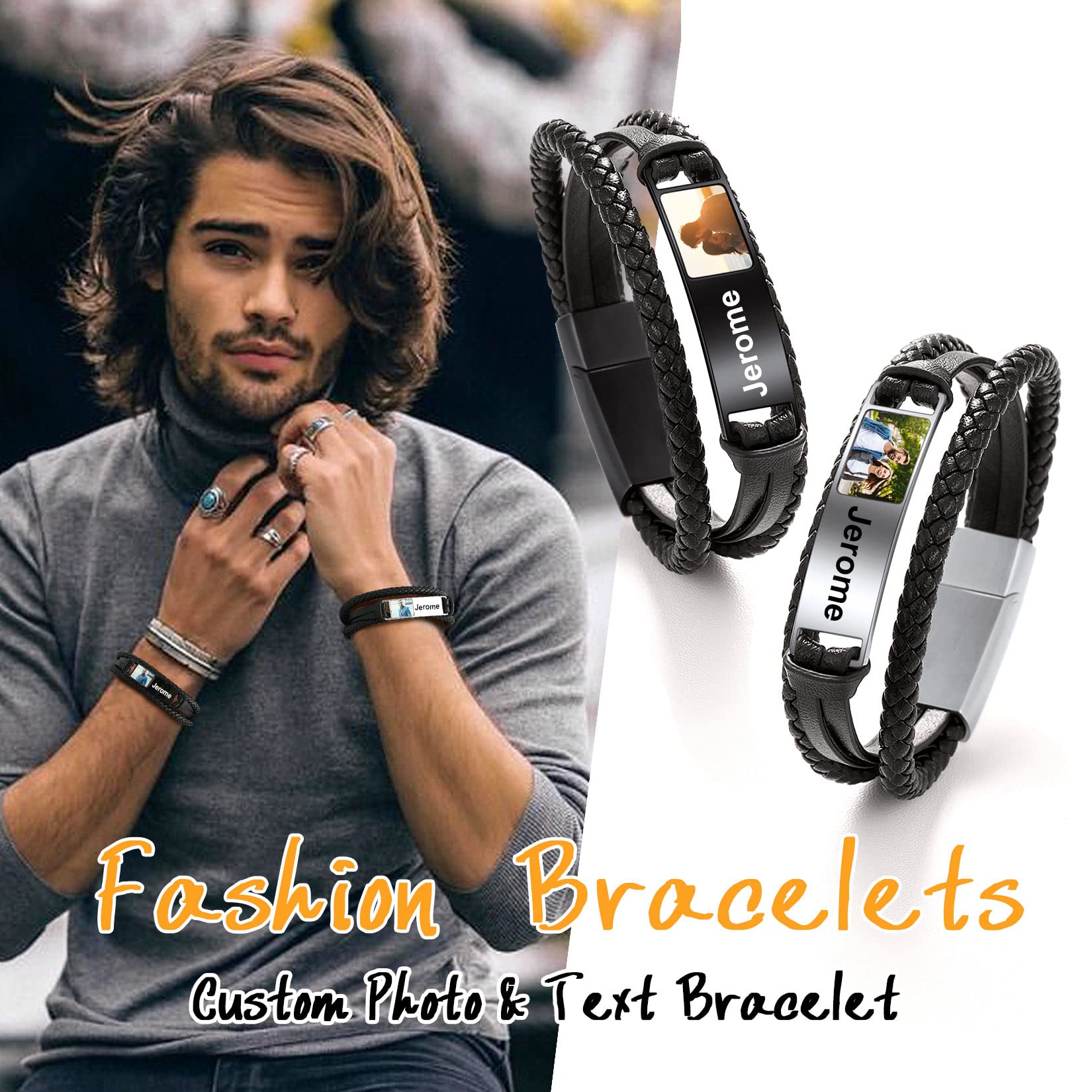 U7 Fathers Gift Bracelet with Picture Side, Braided Black Leather Cuff Bracelet Personalized Photo Printing Custom Engraved Bar Layered Wrap Bracelets for Men Women
