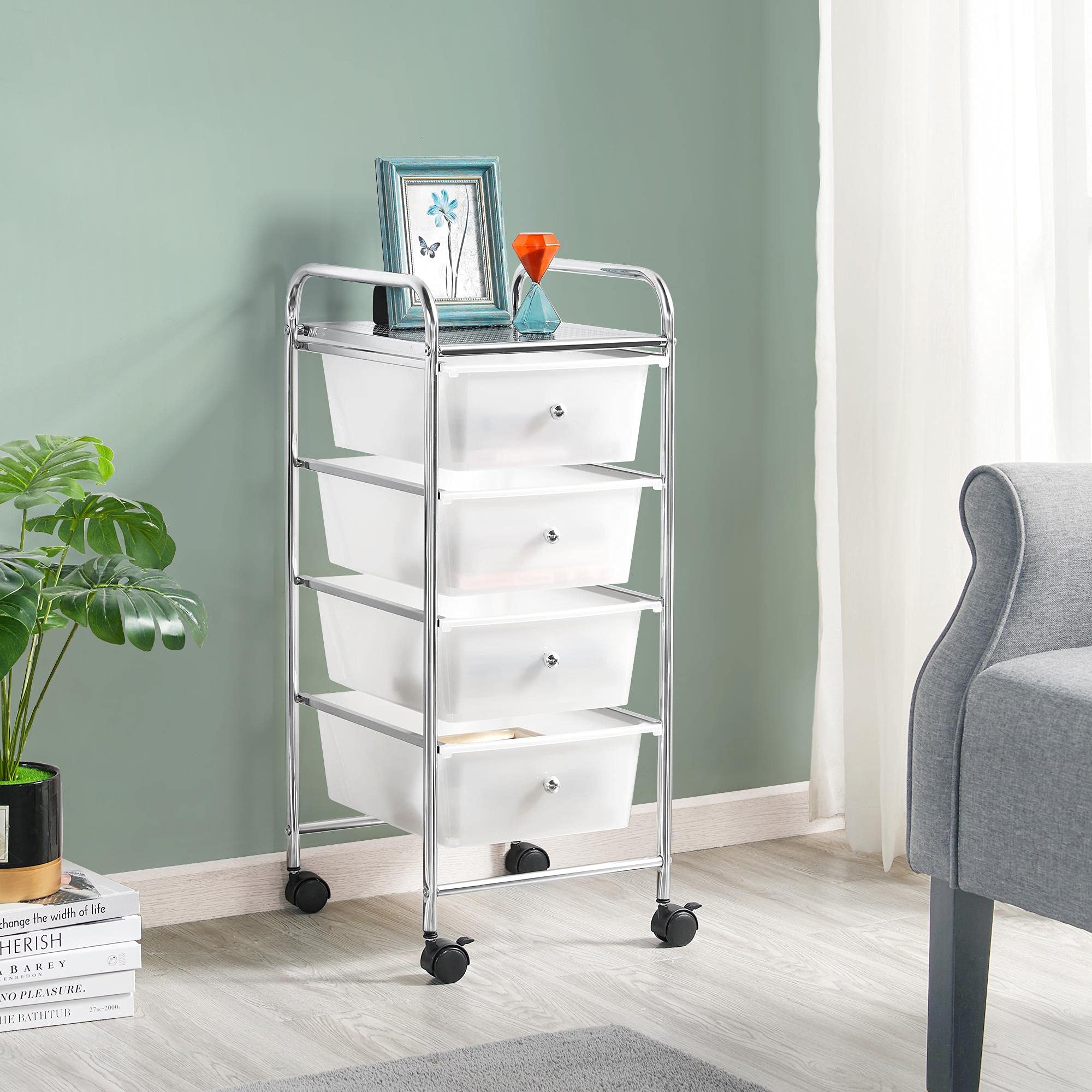 Topeakmart 4 Tier Rolling Storage Cart with Removable Drawers Plastic Trolley Organizer craft cart organizer with drawers 360 Castor Wheels Cart, White