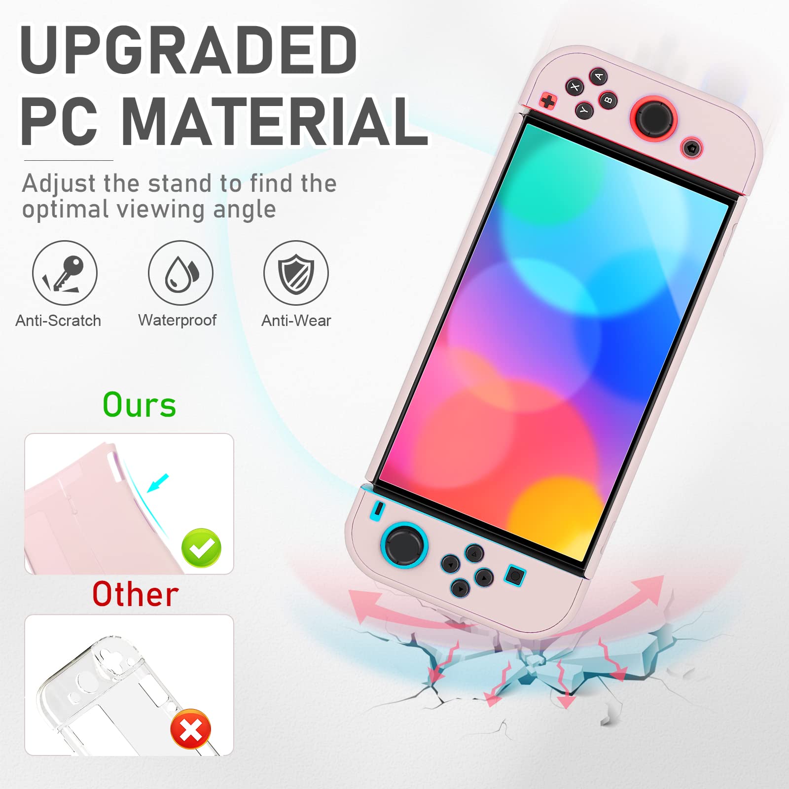 Switch OLED Case Dockable Protective Case for Nintendo Switch OLED Model 2021 Console and Joy-Con Controller Grip Case with 2 Thumb Grip Caps, Light Pink