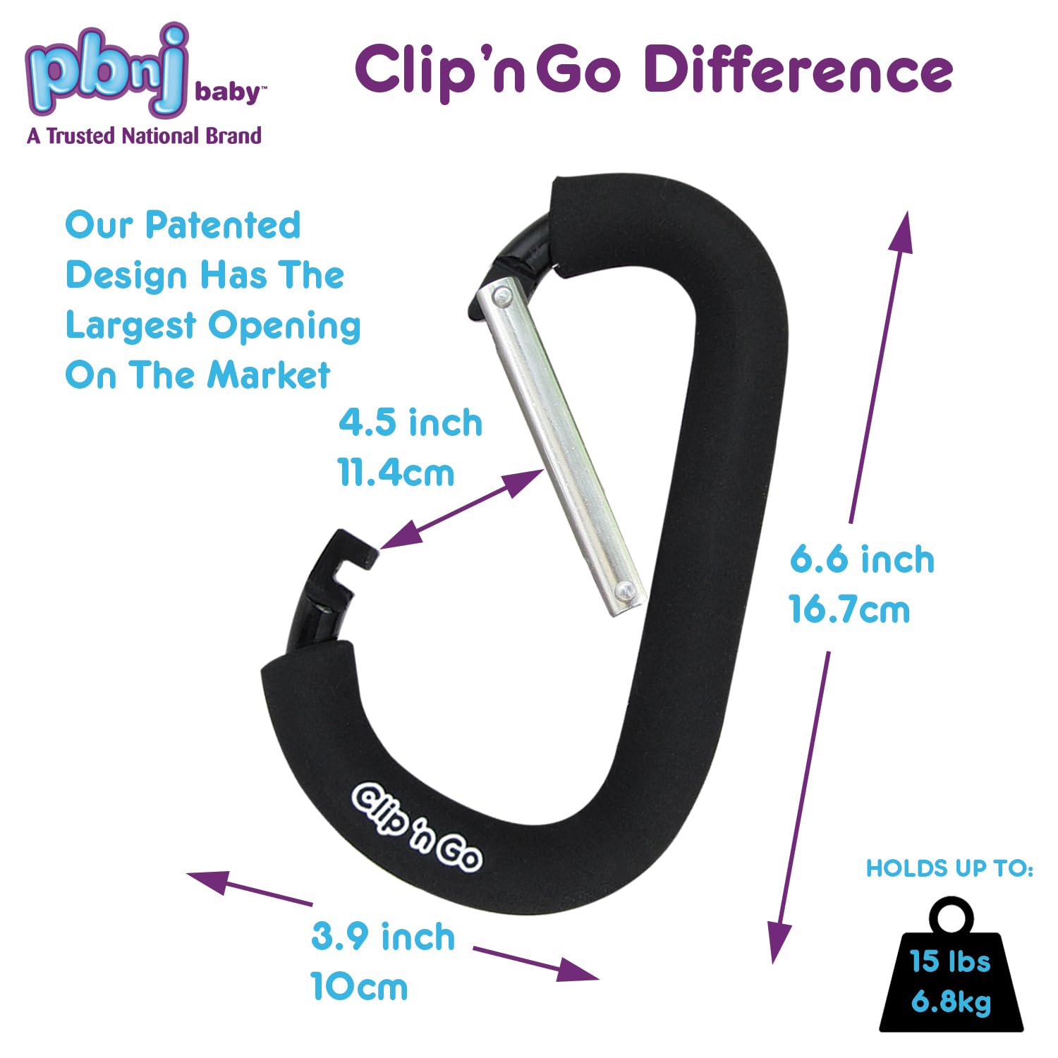 PBnJ baby Stroller Hooks for Hanging Diaper Bags - Mommy Stroller Clip and Stroller Accessories Organizer Hook - Large Carabiner Clips for Mom Purse Shopping Grocery Bag and Accessory - (1 Pack)