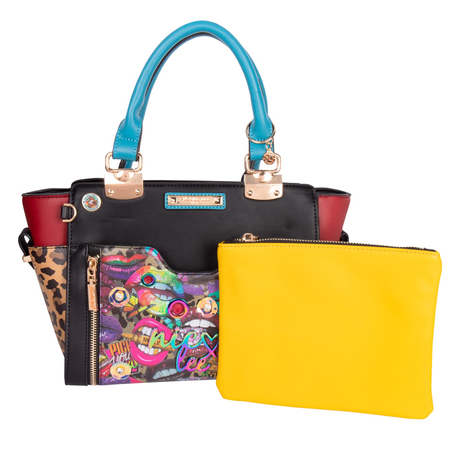 Nicole Lee All Emotion 2 Piece Small Satchel with Zip Pouch, Leopard Lips Embellished Vegan Leather Handbag, Iridescent