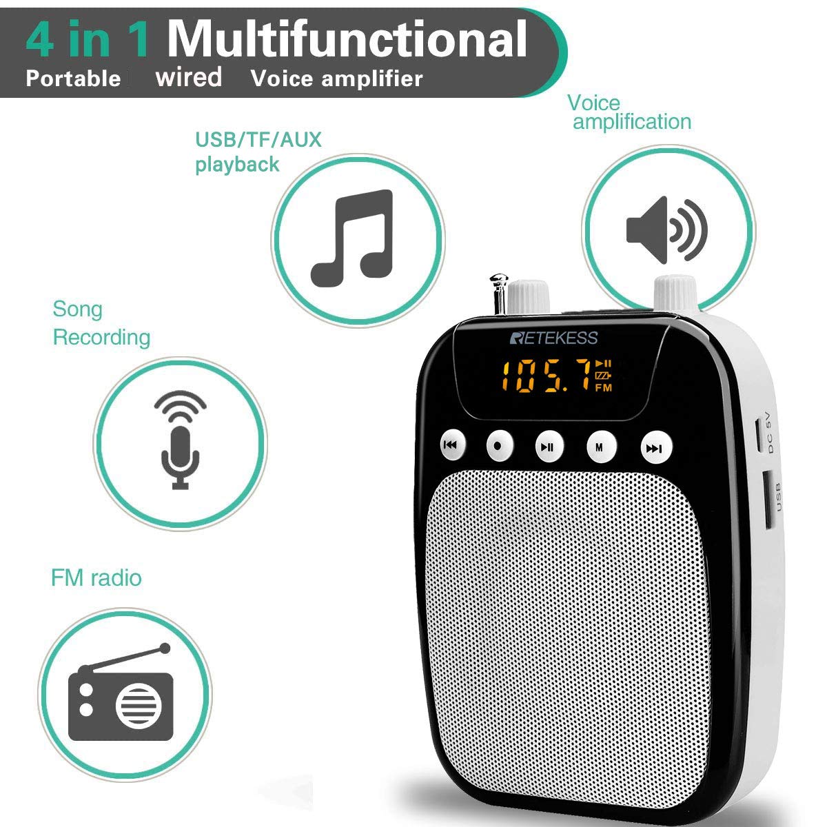 Retekess TR623 Voice Amplifier Microphone Headset, Portable PA System Speaker, Portable Voice Amplifier with Recording, AUX, FM Radio for Teachers, Singing, Coaches, Training, Tour Guide