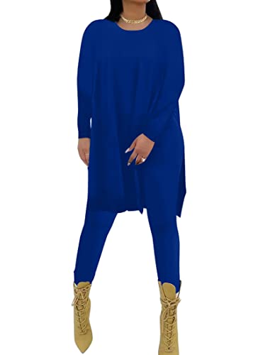 Vssjavun Women’s Running Sweatsuits Gym Set Two Piece Long Sleeve Top Ruched Pants Exercise Set Sets Blue XXL