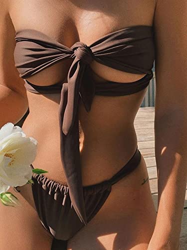 MIYOUJ Women's Thong Bikini Swimsuit Sexy Knot Front Bikini Sets Cheeky Bathing Suit with Removable Shoulder Strap (Brown,Medium)