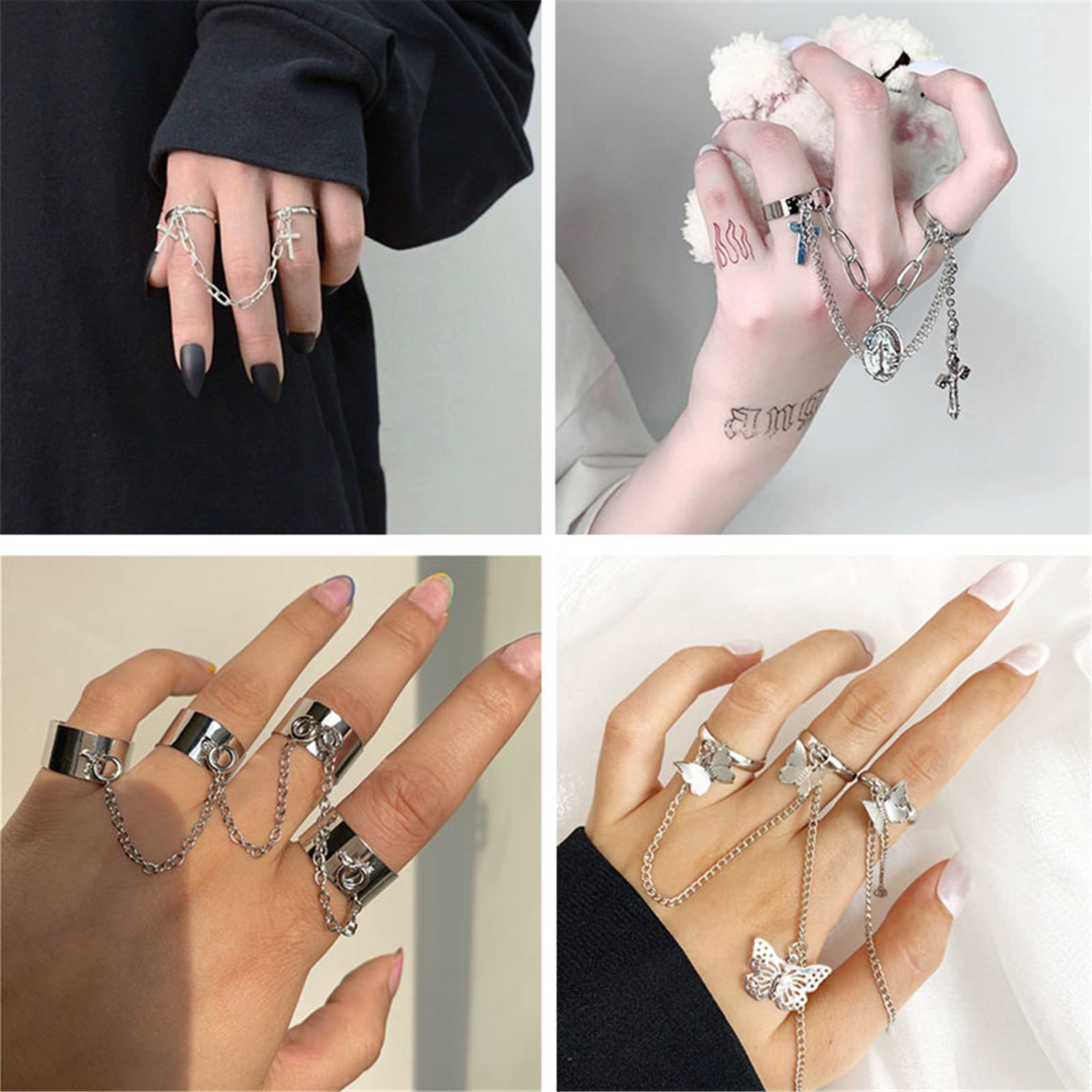 WCRAZYE 10pcs Chain Finger Rings for Women Men Adjustable Cool Punk Gothic Rings Cross Butterfly Knuckle Rings Vintage Statement Stackable Rings Set (10 Chain Rings)