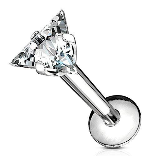MoBody 16G Triangle Labret Piercing Stud 16G Clear CZ Internally Threaded Monroe Lip Ring Helix Earring (Silver-Tone, 8)