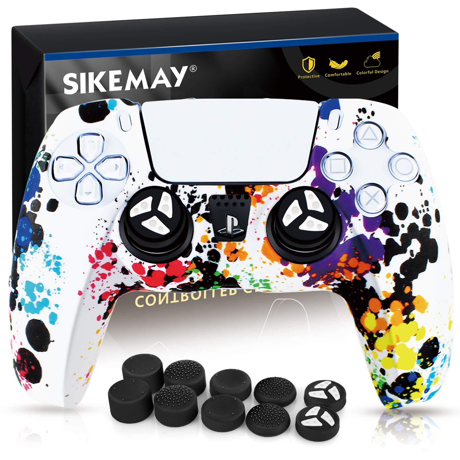 SIKEMAY Silicone Printing Cover Skin for PS5 Controller Grip, Protective Case for Playstation 5 Accessories with 10 Thumb Grip Caps(White Camouflage)