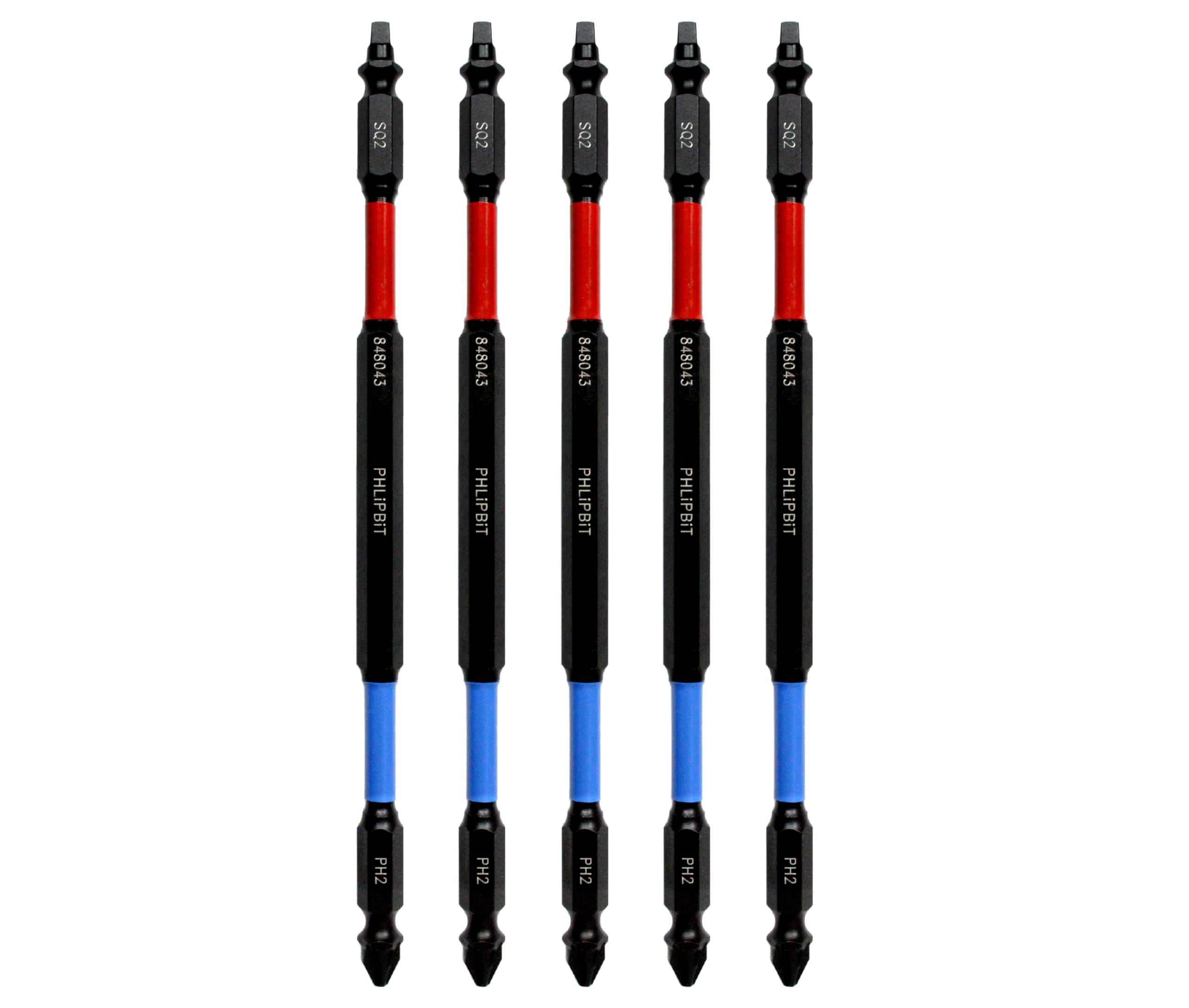 PHLiPBiT - Double-End, Impact Rated Screwdriver Power Bit, IRPB6SQPH2-5, SQ2+PH2, 6 INCH, 5pk. (SQ2 Red drives #8/10 Square + PH2 Blue drives #8/10 Phillips Screw)