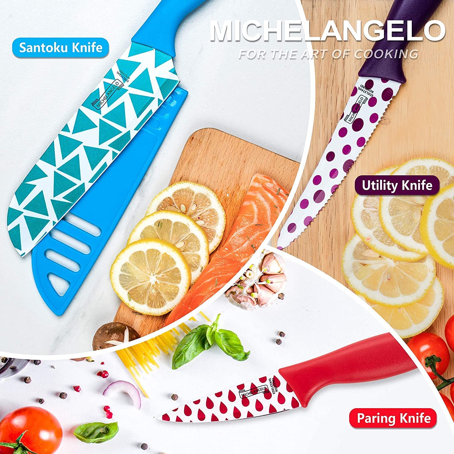 MICHELANGELOMICHELANGELO Kitchen Knife Set 10 Piece with Nonstick Stone Covers, Professional Stainless Steel Knives Set for Home, Restaurant or Chef, Multi-functional Knife Set 10Pcs - Black