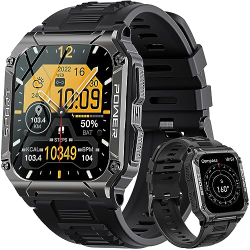 Military Smart Watch for Men with Compass, 1.95'' Rugged Tactical Smartwatch with Bluetooth Calling Message Reminder Heart Rate Sleep Monitor 100+ Sport Mode Big Battery Calculator for iPhone Android