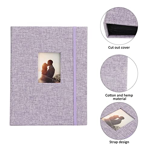 Photo Album, Hemp Woven Cotton Shell, Delicate Photo Album, 208 Pockets, Fine Workmanship, Mini for Gift (Purple)