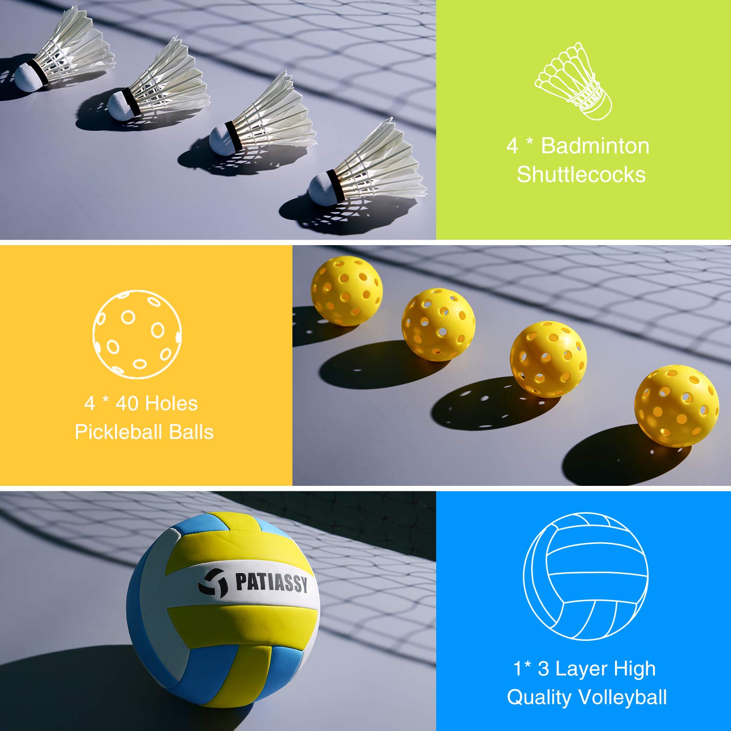 Patiassy 17ft Portable Volleyball Badminton Net Set - Indoor Outdoor Adjustable Height Net with Poles, 4 Shuttlecocks, 4 Pickleballs and 1 Volleyball for Backyards Beach