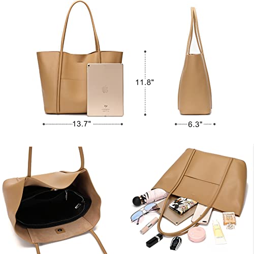Women Tote Handbag Leather Top Handle Purse Large Capacity Shoulder Bag Hobo Satchel Bag for Ladies, Khaki
