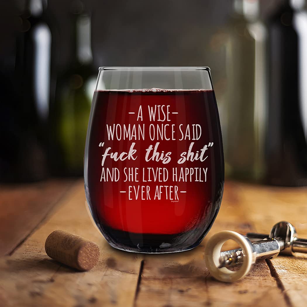 shop4ever A Wise Woman Once Said F This And She Lived Happily Ever After Engraved Stemless Wine Glass 15 oz. Funny Divorce Retirement Feminist Gift