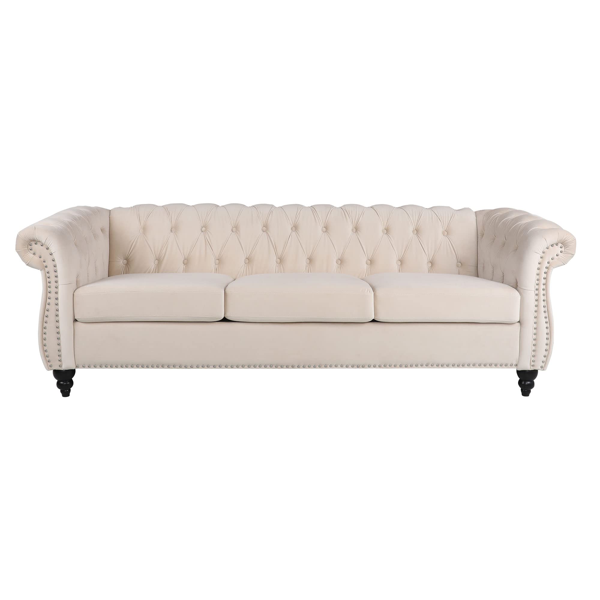 MIYZEAL Modern 3 Seater Couch Velvet, Upholstered Sofa with Tufted Back, Roll Arm Classic Chesterfield Settee Couches for Living Room, Office (Beige)