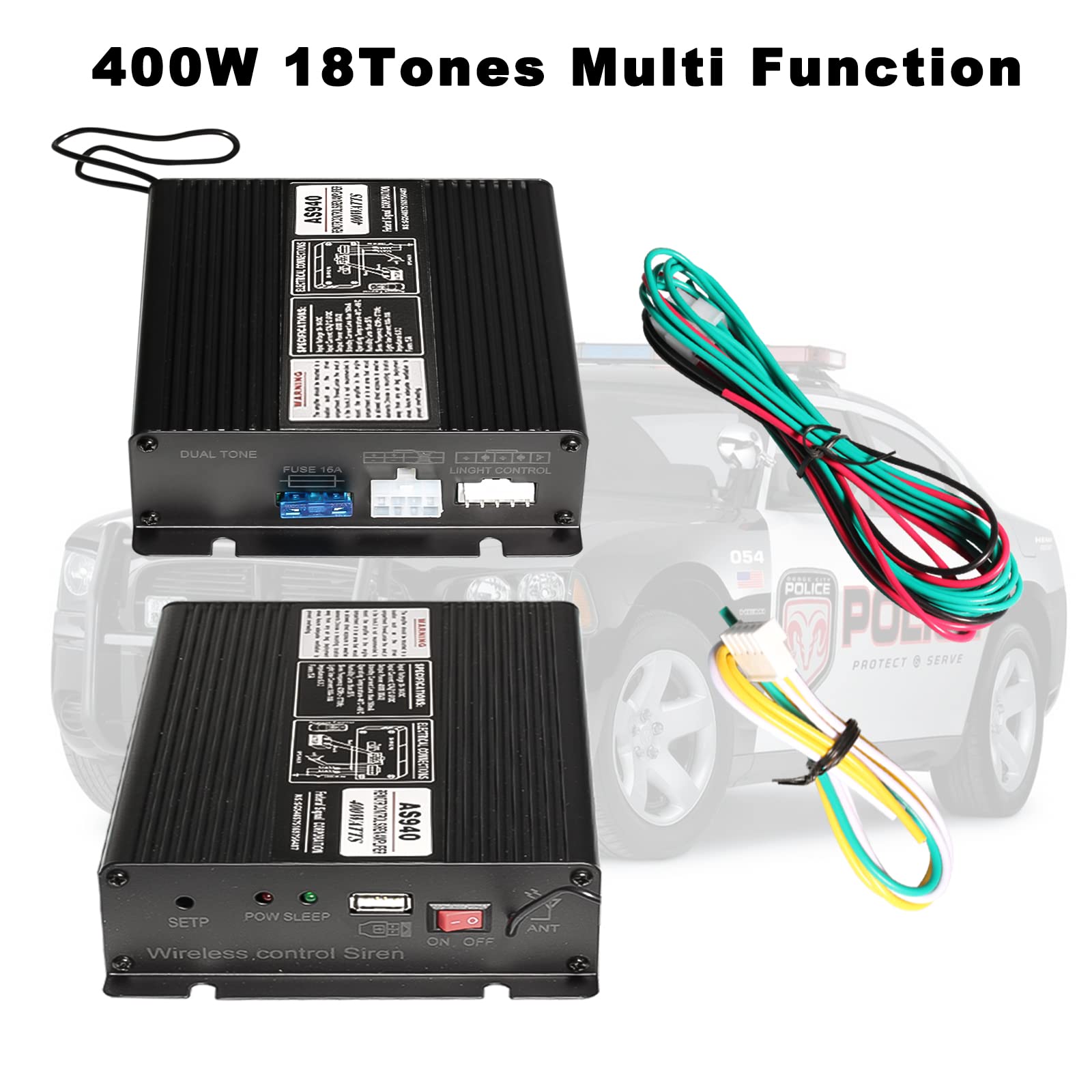Monrand 400W Police Siren Emergency System, 12V 18 Tones 400W Amplifier PA Speaker System ,130db Two Ultra Slim 400 Watt Lound Siren Speaker with Remote Control Fit for Police Car ATV Truck Engineer