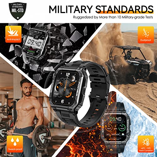 Military Smart Watch for Men with Compass, 1.95'' Rugged Tactical Smartwatch with Bluetooth Calling Message Reminder Heart Rate Sleep Monitor 100+ Sport Mode Big Battery Calculator for iPhone Android
