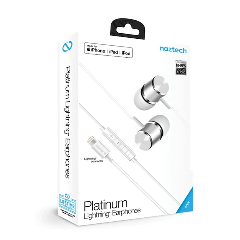 Naztech Platinum MFi Lightning Earphones w/Superior Acoustics & In-Line Remote + Noise Cancelling Mic Compatible For all iPhones /iPads + More [White]