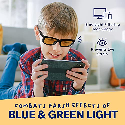 SafetyBlue - Ambient Nights Jr Kids Glasses, Non-Prescription Computer and Gaming Glasses with Green and Blue Light Filter, Ultra-Durable and Bendable, Unisex, Space Black