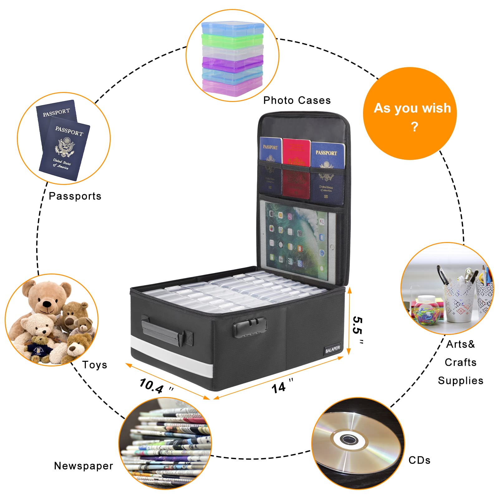 Photo Organizer Box with Lock, Fireproof Photo Storage Box with 16 Clear 4" x 6" Photo Storage Cases Photo Keeper Picture Storage Containers Box, Portable Photo Storage Containers with Handle