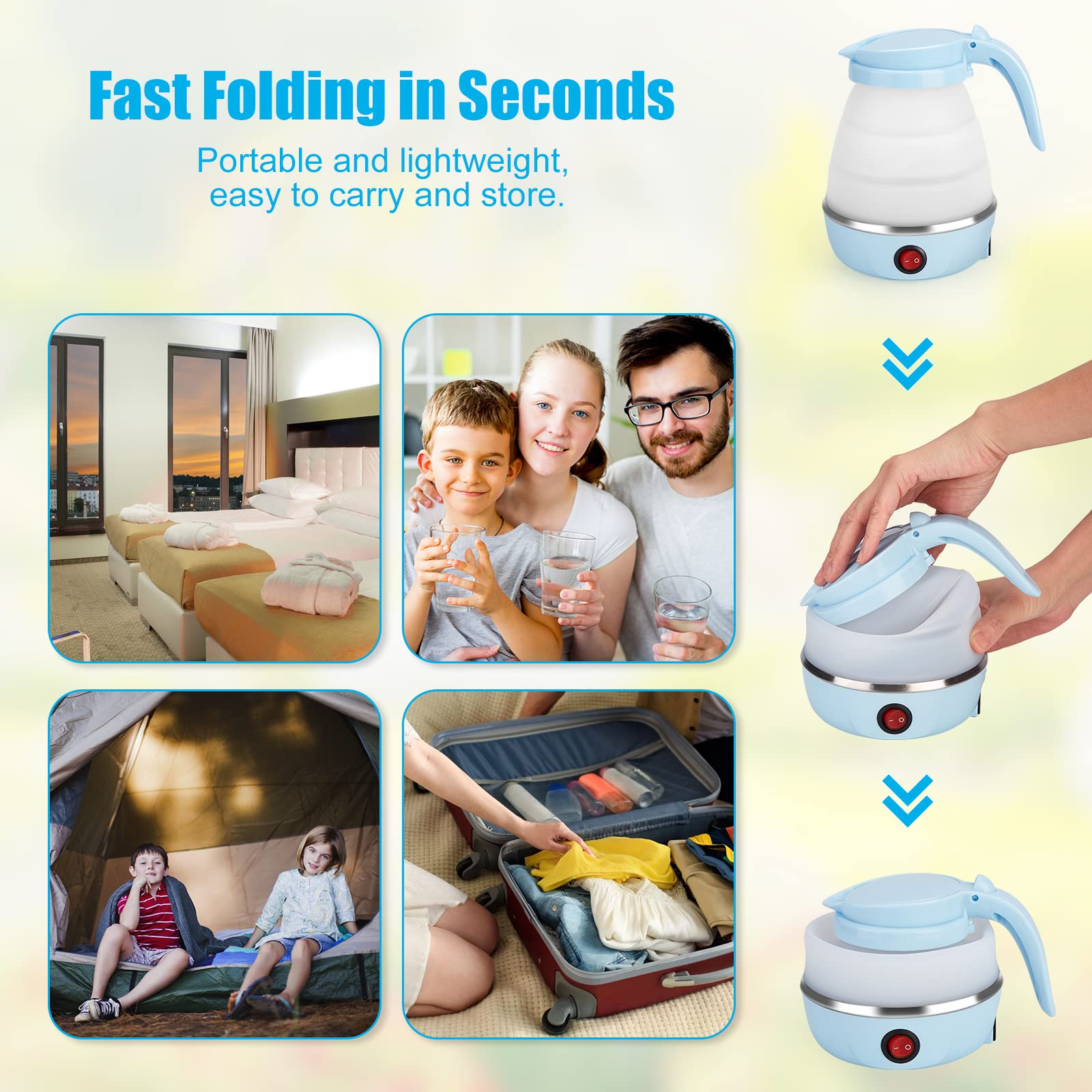 Travel Foldable Electric Kettle, Collapsible Portable Kettle for Fast Water Boiling Tea Coffee, with 1 Collapsible Bowl and 2 Collapsible Cups, Food Grade Silicon, 600ML 110V
