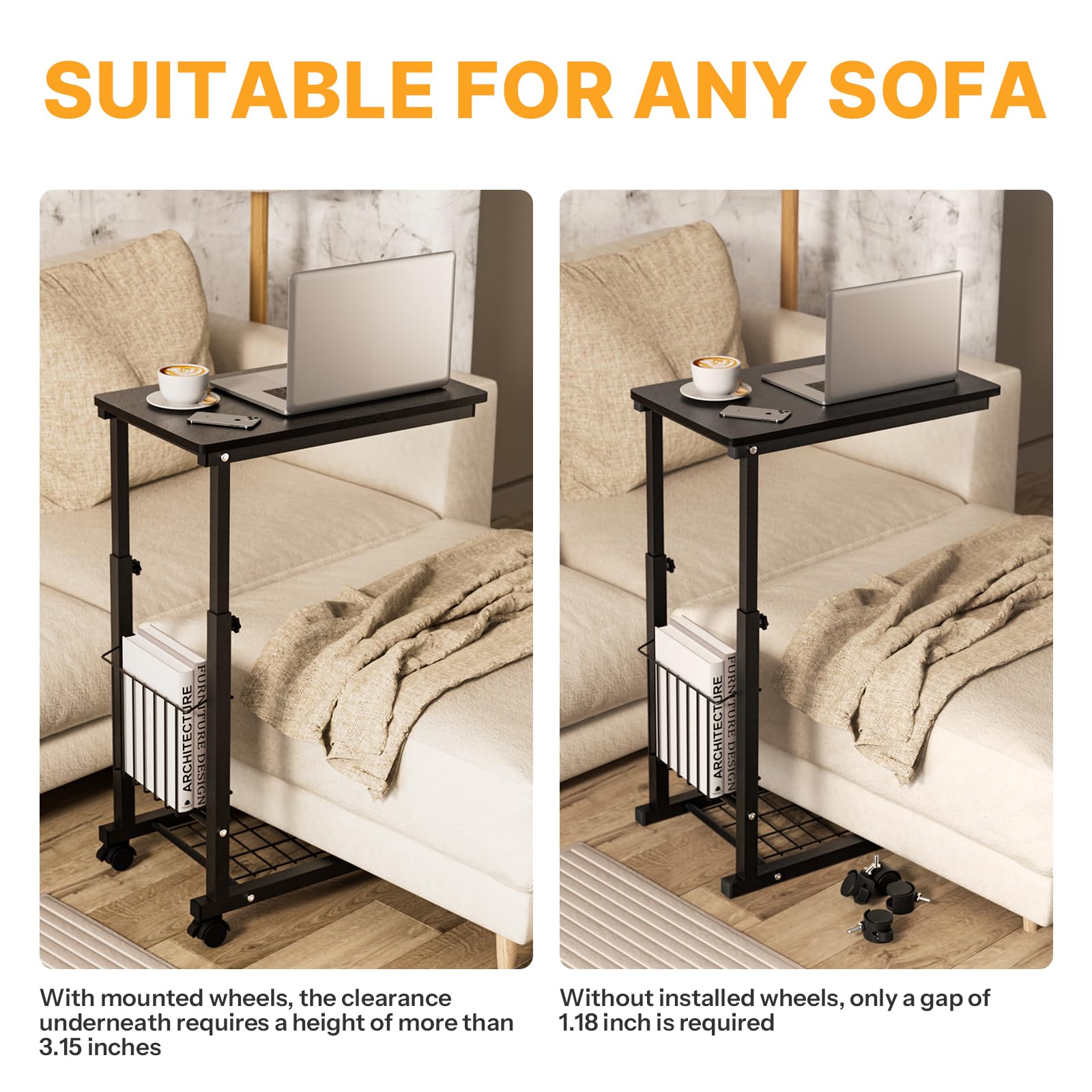micoe C Shape Side Table Adjustable End Table with Side Basket and Bottom Mesh Storage Design Four Swivel Wheels with Brakes, Metal Frame MDF Wooden Board,