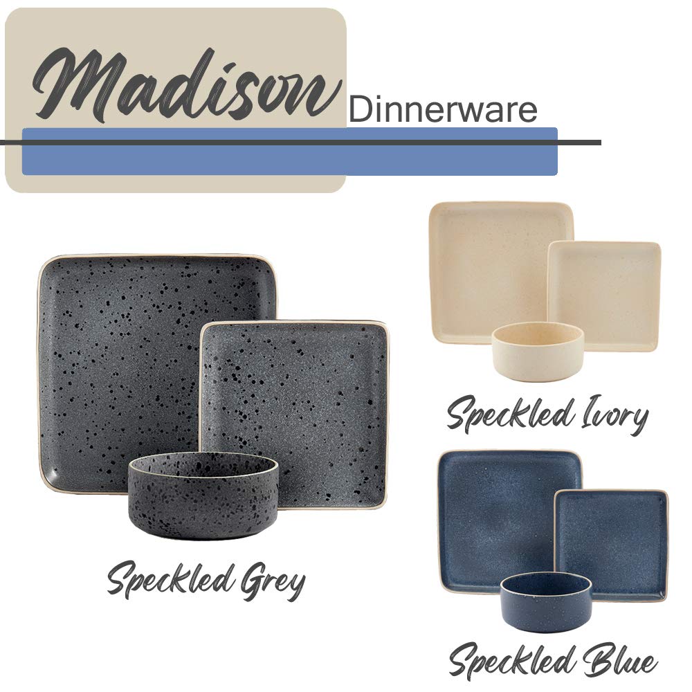 Tabletops Gallery Madison Fashion Dinnerware Collection- Square Contemporary Modern Reactive Glaze Dinner Salad Plate Bowl 4 Place Setting, 12 Piece Madison Dinnerware set in Speckled Grey