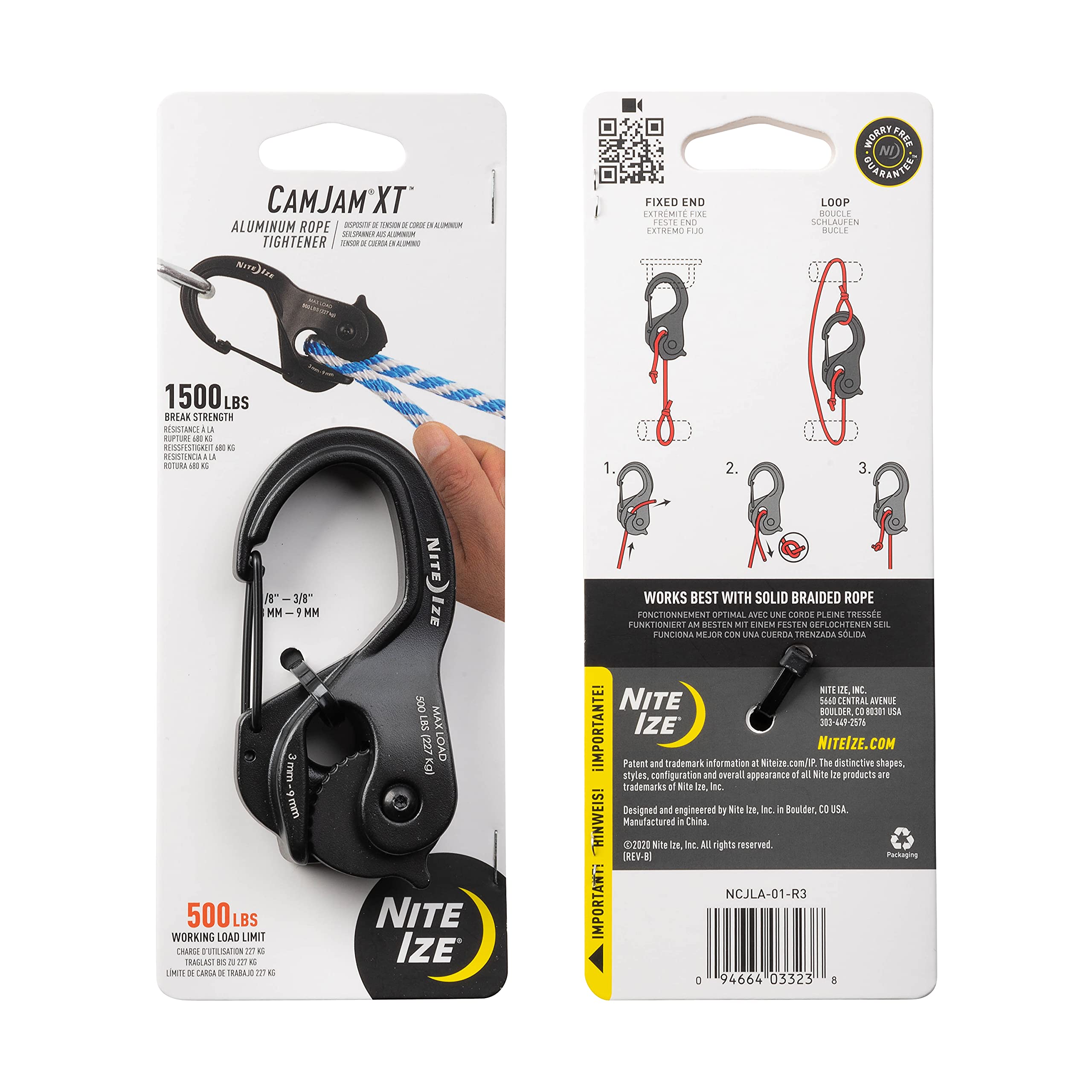 Nite Ize CamJam XT Aluminum Rope Tightener, Large - Versatile Tie Down Cam Mechanism with Carabiner Clip - Secure Hiking Gear Essential - Rope Tie Down Accessory - Large, Black