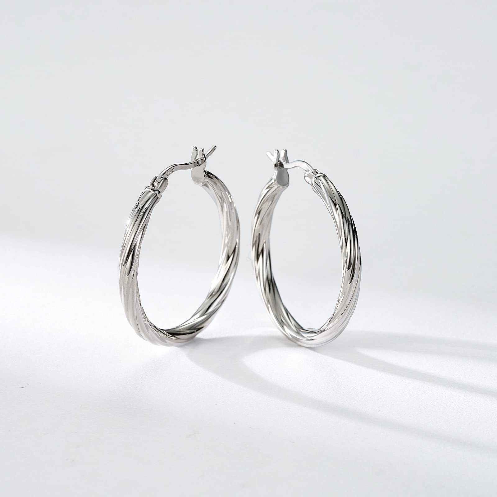 SWEETV 925 Sterling Silver Hoop Earrings for Women 25mm Medium Twisted Hypoallergenic Hoops Round Click-Top